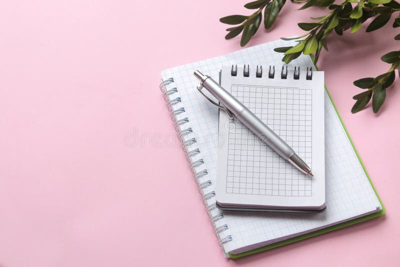 Notebooks with a Pen and Green Leaves on a Delicate Pink Background ...