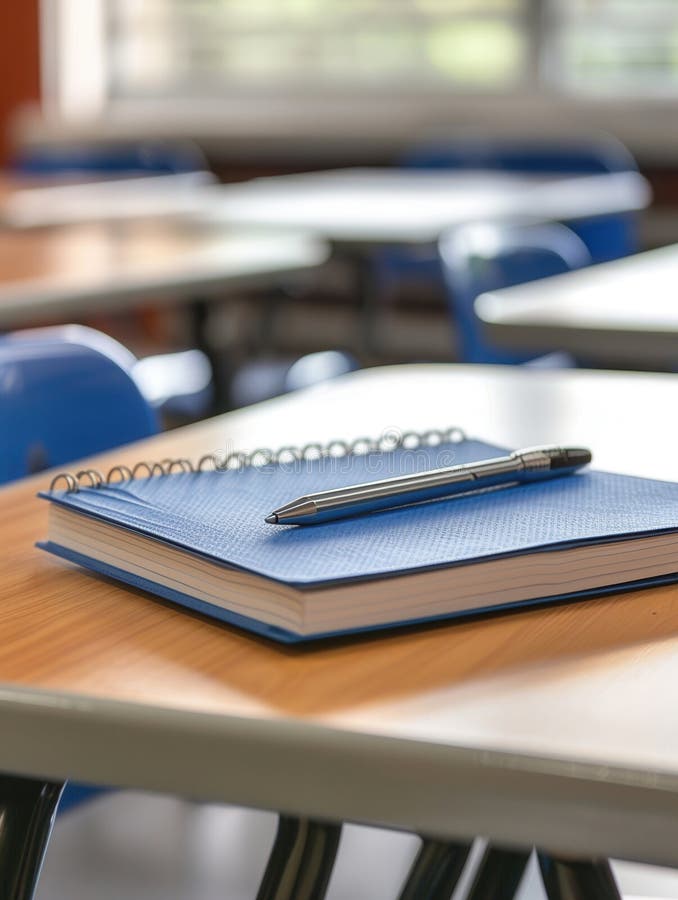 Notebooks and Pen Resting on a Classroom Desk Surrounded by Empty ...