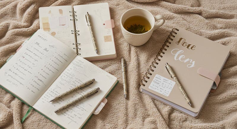 Notebooks with Spiral Bindings, Pens with Decorative Designs, and ...