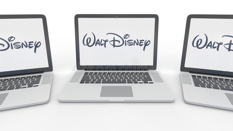 Notebooks with Walt Disney Pictures Logo on the Screen. Computer ...