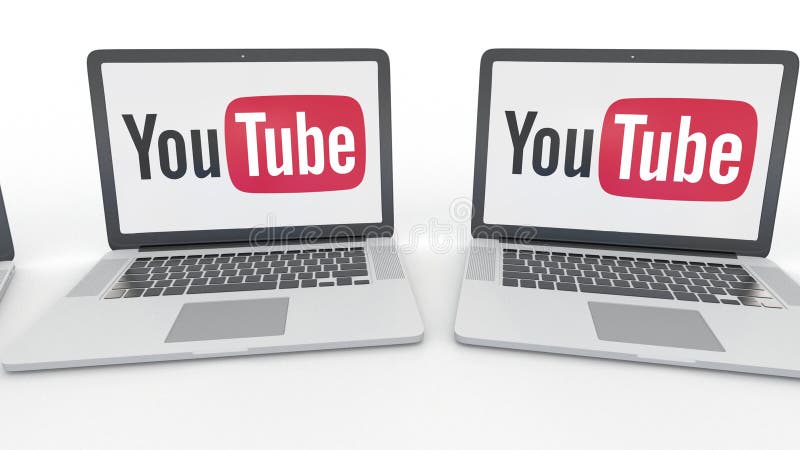 Notebooks with YouTube Logo on the Screen. Computer Technology ...