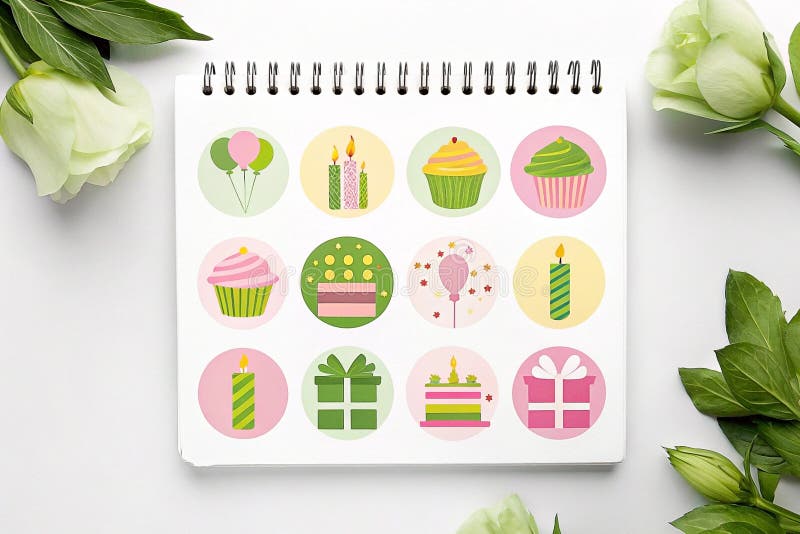 Notepad with Birthday Icons, Surrounded by Roses Stock Illustration ...