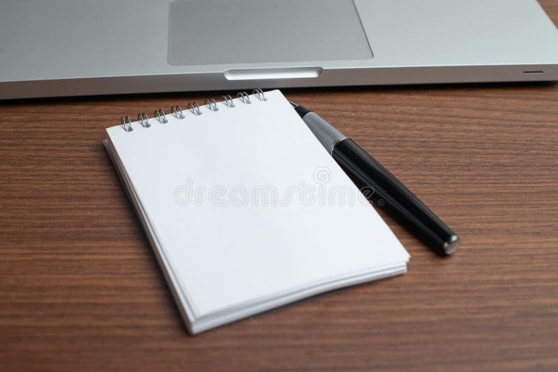 Laptop with Notepad and Pen Stock Image - Image of leather, green ...