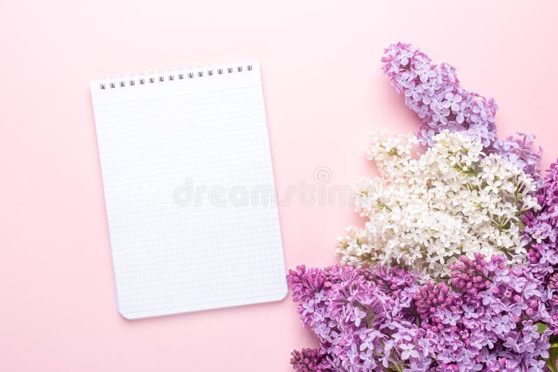 Notepad and Branches of Beautiful White and Purple Lilacs on Pink ...