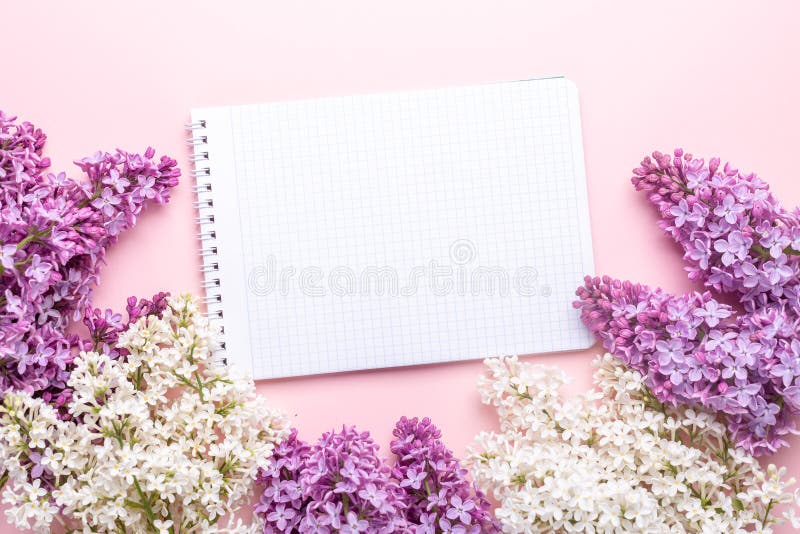 Notepad and Branches of Beautiful White and Purple Lilacs on Pink ...