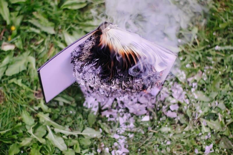 Notepad Burning on Green Summer Grass Outdoors. Stock Image - Image of ...