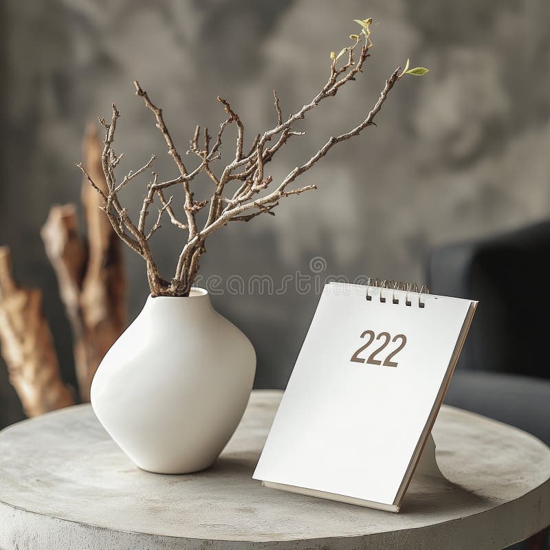 Notepad with Calendar Date February 22 and Vase with Dried Branches on the Table. Stock ...