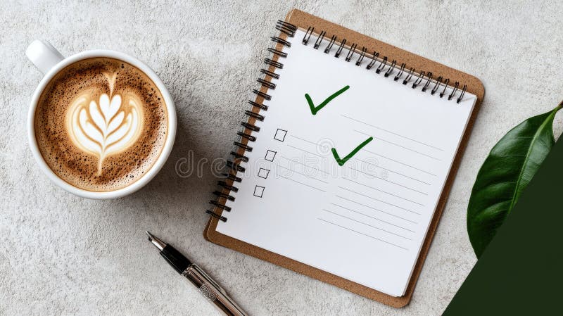 Notepad with Checkboxes Shows One Green Checkmark, Alongside a Coffee ...
