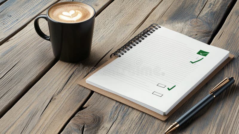 Notepad Checkboxes Shows One Green Checkmark Alongside Coffee Cup Pen ...