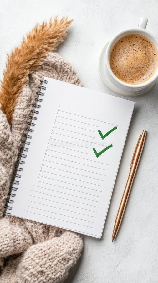 Notepad with Checkboxes Shows One Green Checkmark, Alongside a Coffee ...