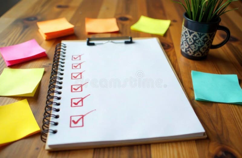 Notepad with a Checklist and Colorful Sticky Notes Alongside a Mug on a ...