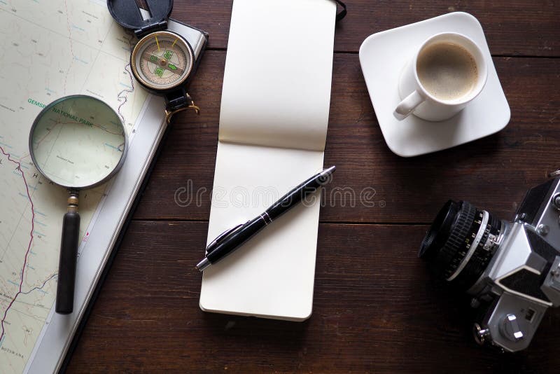 Notepad and Coffee with Map and Compass on Desk Stock Image - Image of ...