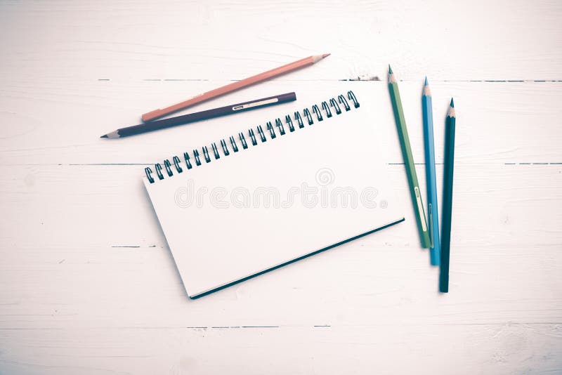 Notepad with Color Pencil Vintage Style Stock Photo - Image of note ...