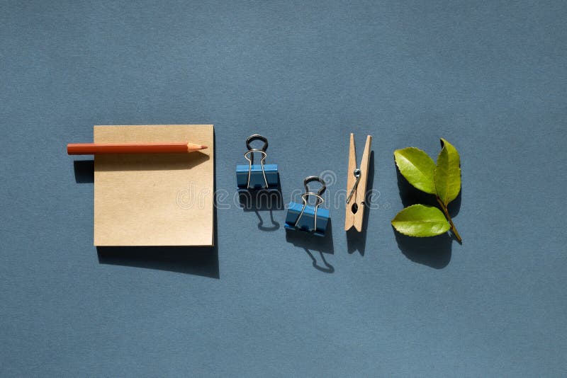 Notepad and Colored Pencil and Clips and Green Leaf on Desk. Navy Blue ...