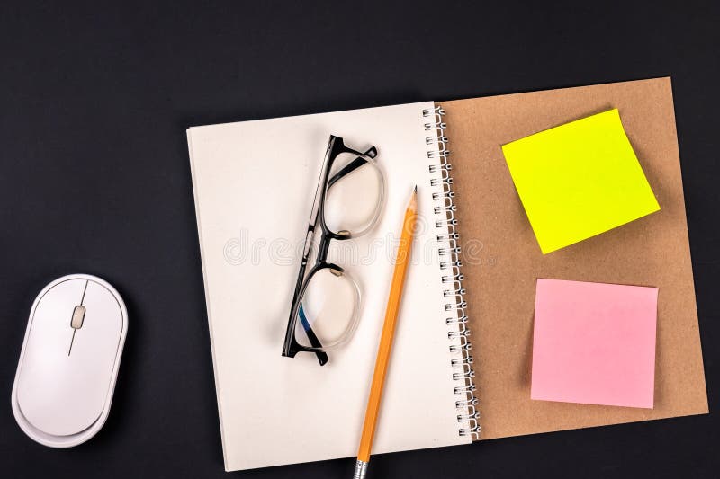 Notepad Computer Mouse Paper Stickers Dark Background Top View Stock ...