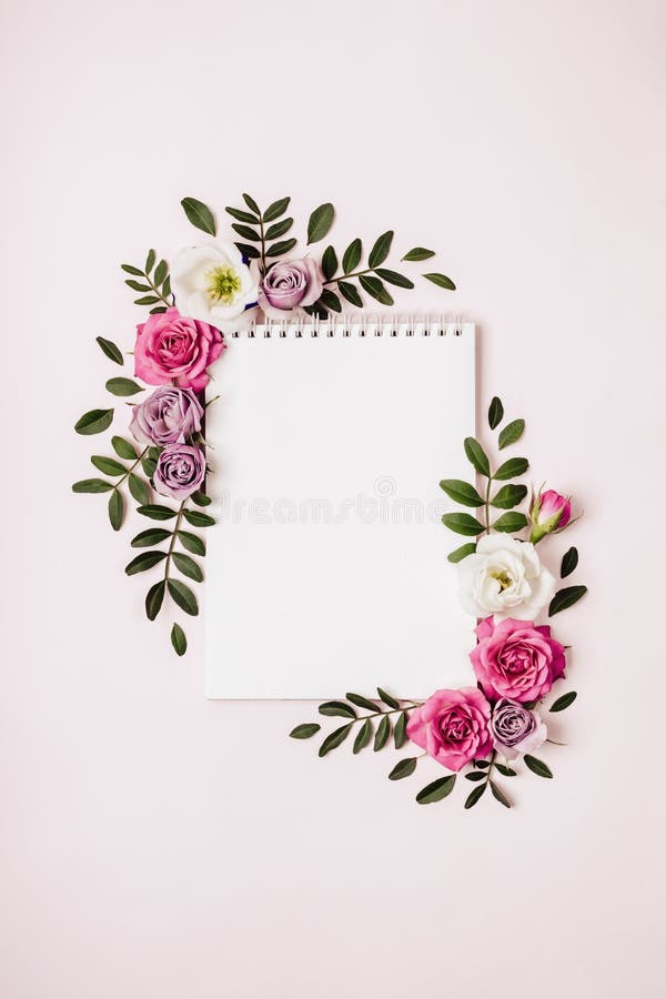 Notepad and Floral Border Pattern on Pink Background. Holiday Concept ...
