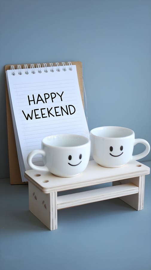 Notepad with HAPPY WEEKEND, Cups beside, Creating a Cozy, Calming Vibe ...