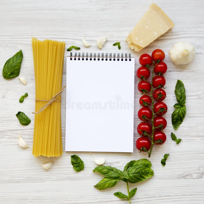 Notepad with Ingredients for Cooking Pasta on White Wooden Surface ...