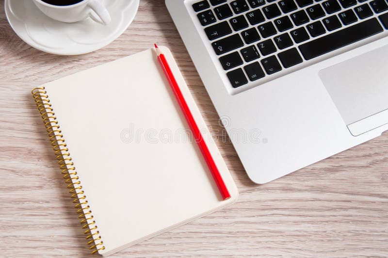 Notepad, Laptop and Coffee Cup on Wood Table Stock Photo - Image of ...