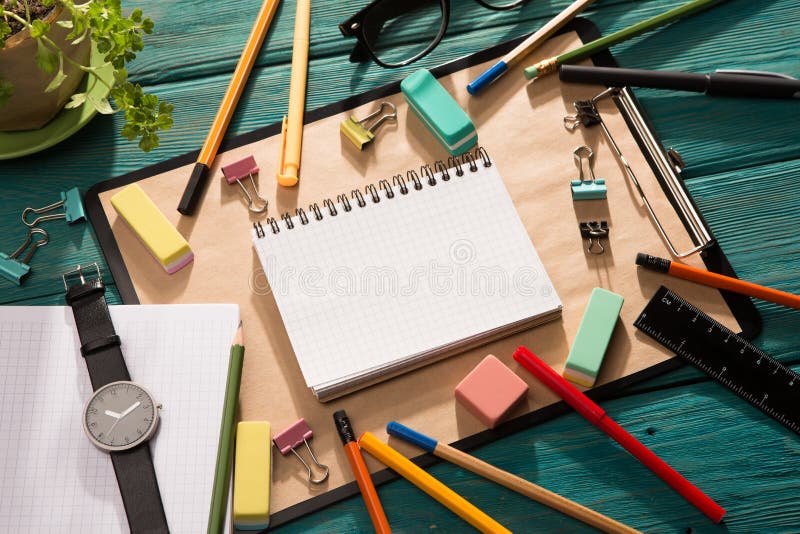 Notepad and Office Supplies on the Desk Stock Photo - Image of ...