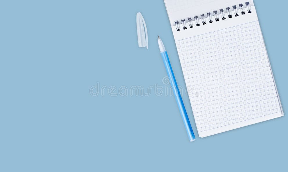 Notepad with Pen and Blank Squared Sheets on Blue, Banner or Flyer ...
