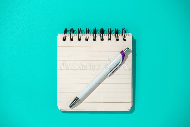 Notepad and Pen on Blue Background, Top View Stock Image - Image of ...