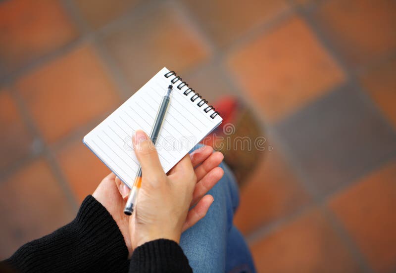 Notepad and Pen Hold by Woman Hand Stock Photo - Image of open, note ...