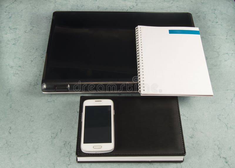 Notepad, Pen, Laptop and Cell Phone with Copy Space Stock Photo - Image ...