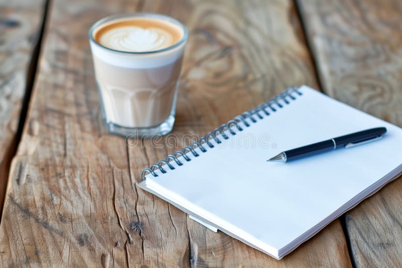 Notepad with Pen on Oak Table with Latte Stock Photo - Image of coffee ...