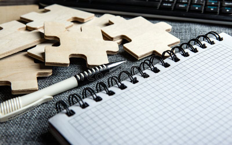 Notepad with a Pen, Pc Keyboard and Puzzle Pieces Stock Image - Image ...