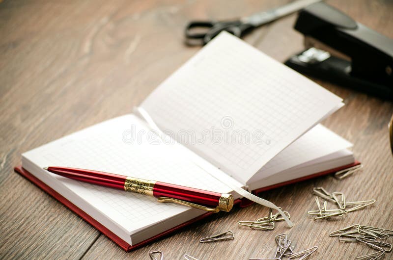 Notepad, Pen, Staples, Stapler and Scissors on the Table Stock Image ...
