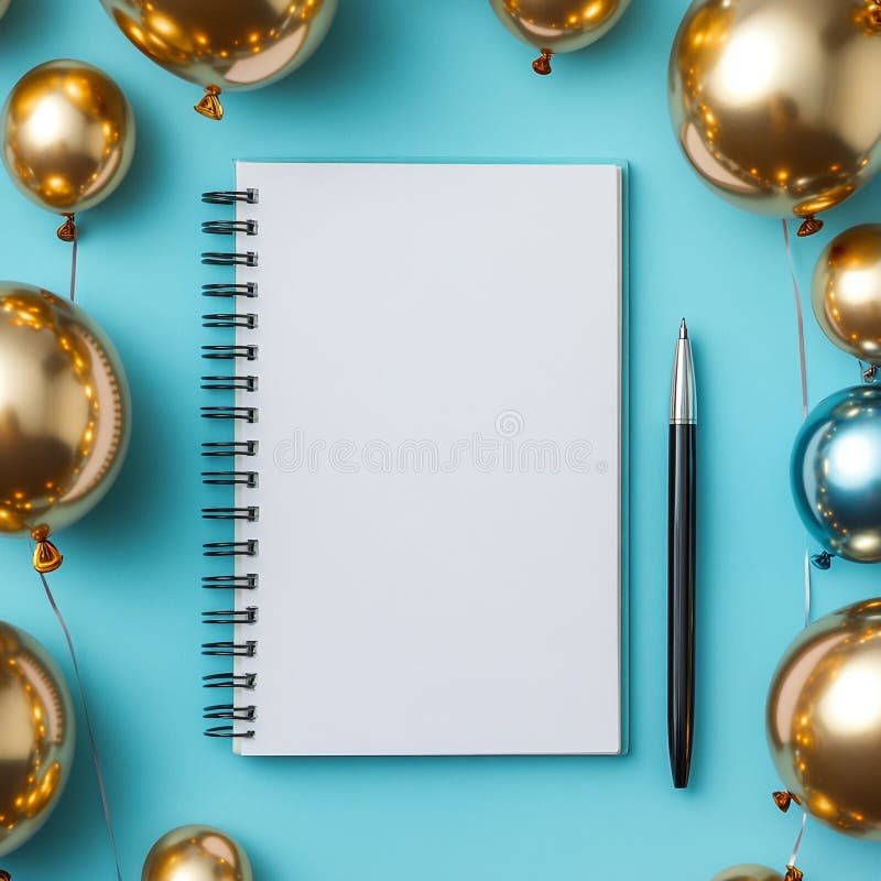 Notepad and Pen Surrounded by Golden Balloons on a Turquoise Background ...