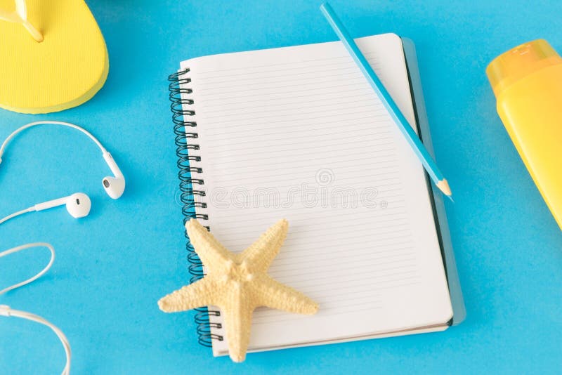 Notepad Pencil Beach Accessories on Blue Background Stock Image - Image ...