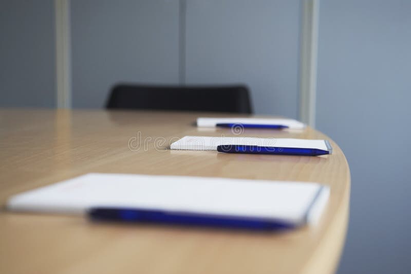 Notepad and Pens on Conference Table Stock Image - Image of wooden ...