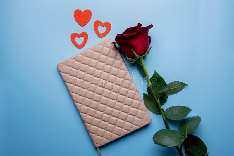 Notepad and Red Rose on a Blue Background Stock Photo - Image of object ...