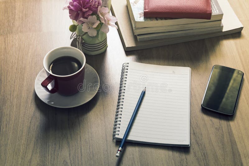 Notepad, Smartphone, Pen and Cup of Coffee on Wood Table Stock Image ...