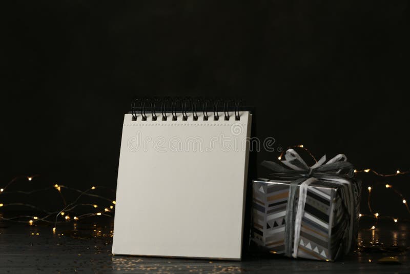 Notepad with Greeting HAPPY BIRTHDAY and Gift on Table Stock Image ...