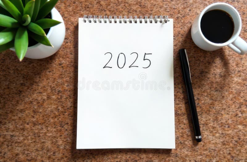 Notepad on Spring with Numbers 2025 on First Blank Page, Top View. New ...