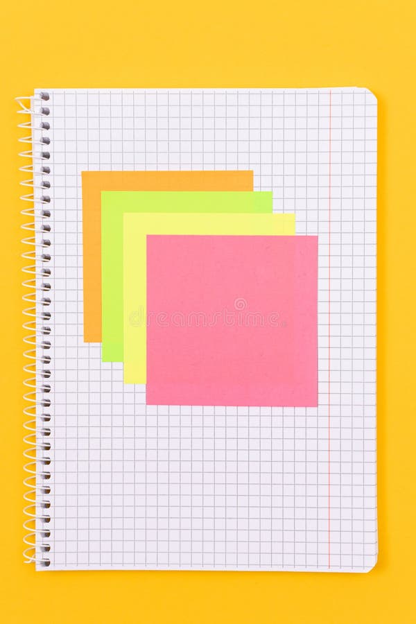 A Notepad with Sticky Notes on Yellow Table Stock Photo - Image of copy ...