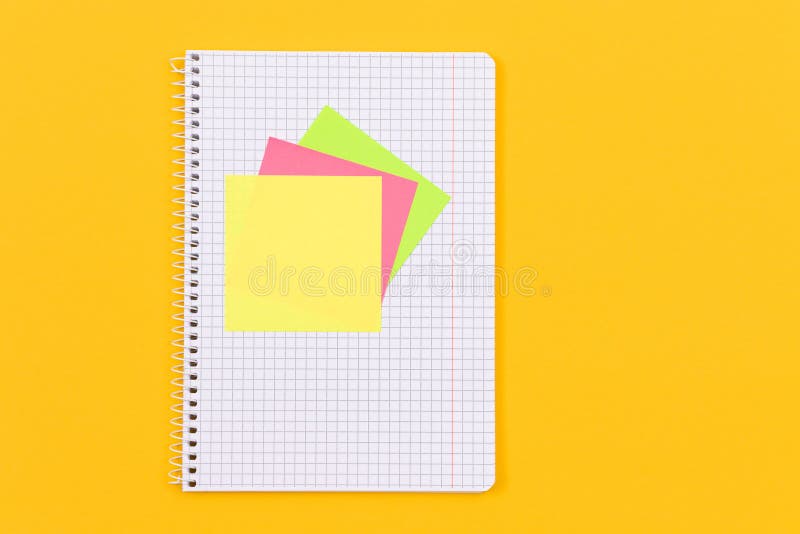 A Notepad with Sticky Notes on Yellow Table Stock Photo - Image of copy ...