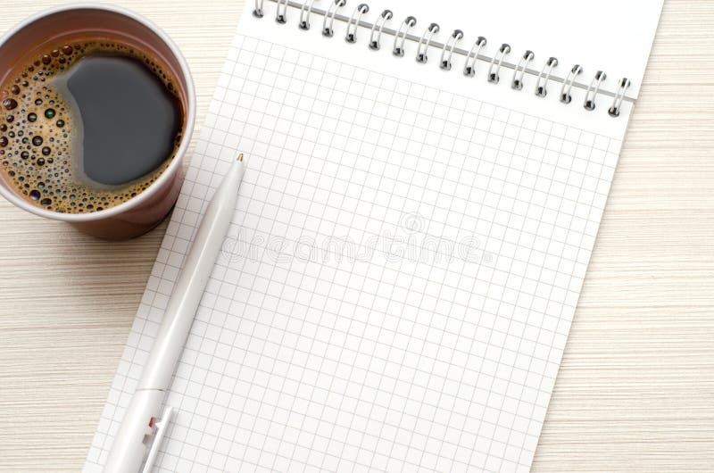 Notepad for Text. White Pen, Cup of Coffee Stock Photo - Image of cafe ...