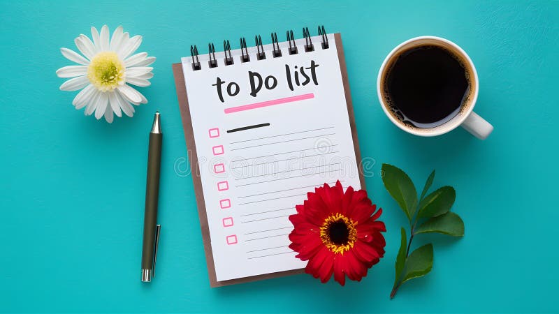 Notepad with To Do List, Pen, Coffee Cup, and Flower Stock Illustration ...