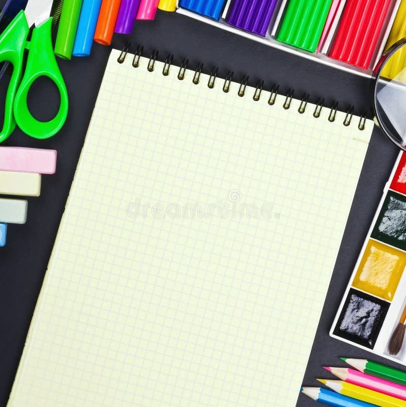 Notepad and Various School Supplies Stock Photo - Image of back, book ...