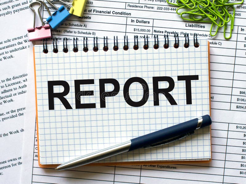 Notepad with Word Report on White Background with Paper Clips and Pen ...