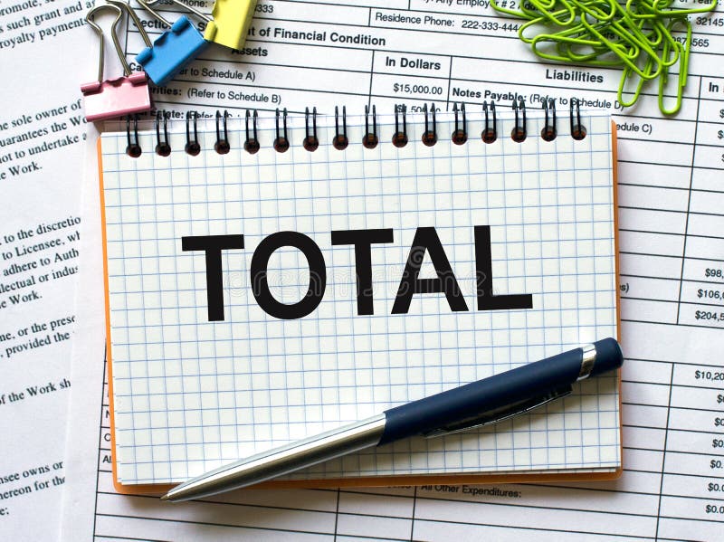 Notepad with Word Total on White Background with Clips, Pen and ...