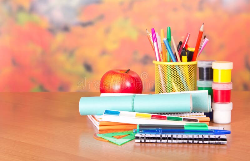 Writing Materials, Paints and Apple Stock Image - Image of beige ...