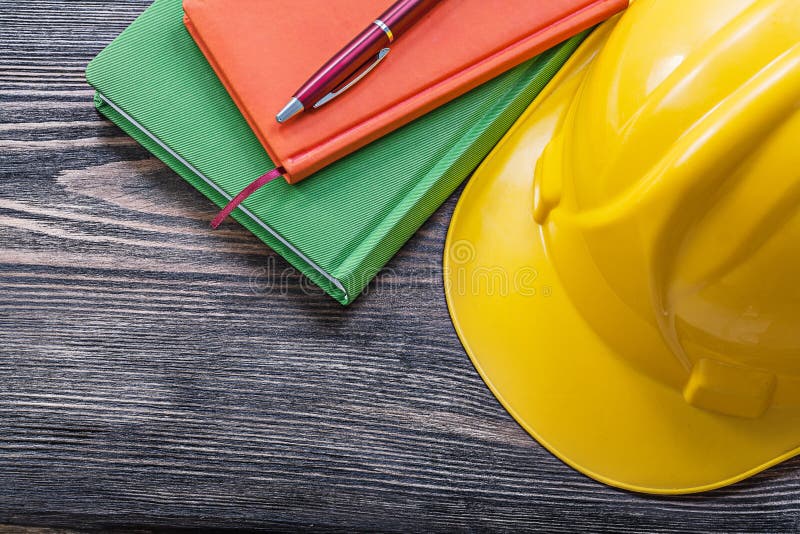 Notepads Pen Safety Hard Hat on Wooden Board Construction Concep Stock ...