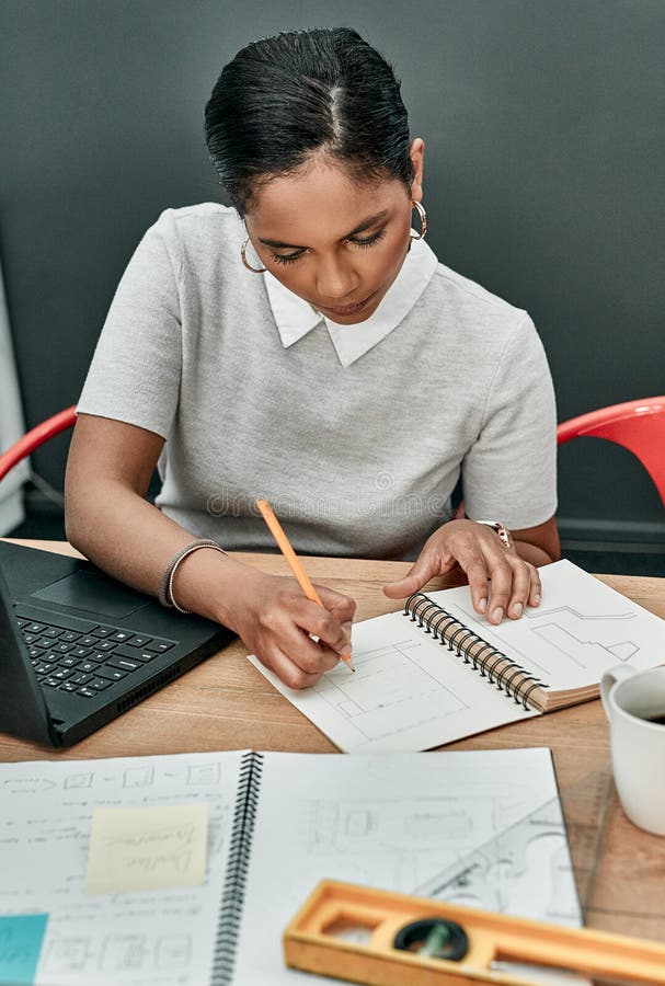 Notes, Architecture and Woman at Desk with Planning, Laptop and Project ...
