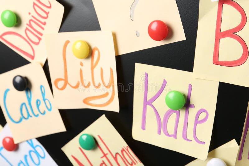 Notes with Baby Names on Black Board, Closeup Stock Image - Image of ...