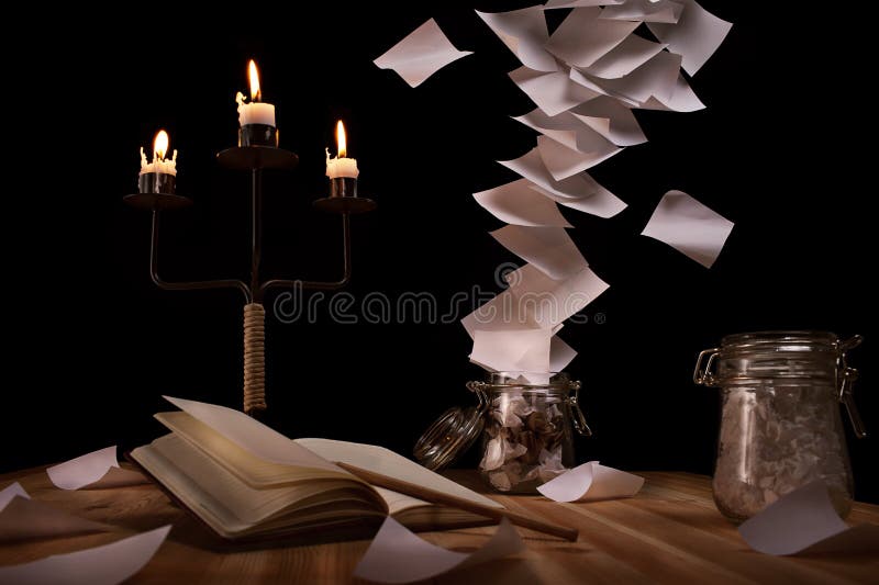 Notes Flying Over the Table Stock Image - Image of candlelight, note ...